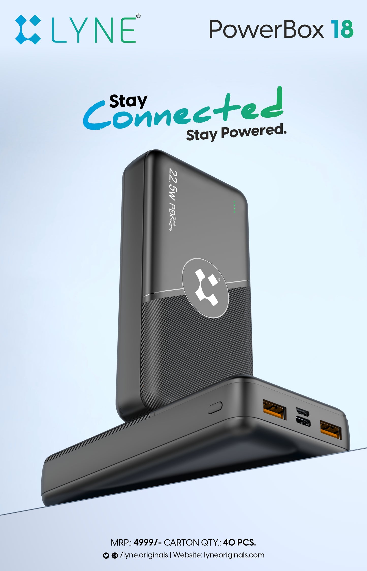 LYNE Powerbox 18 20000 mAh Battery Capacity, 22.5W PD Output, LED Batt ...